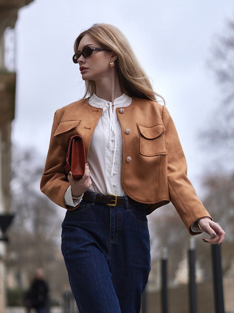 Faux Suede Round Neck Women Jacket – GOELIA