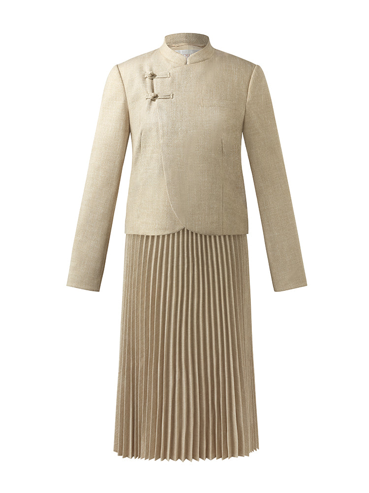 New Chinese-Style Mandarin Collar Crop Jacket And Pleated Skirt Two-Pi ...
