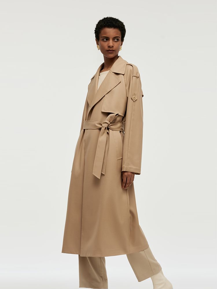 Worsted Wool Lapel Women Trench Coat With Belt – GOELIA