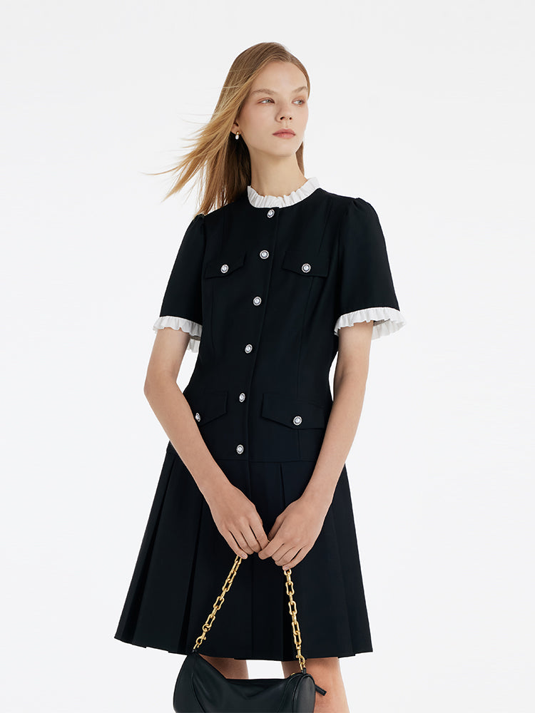 Ruffle Trim Pearl Buttons Women Mini Dress – GOELIA