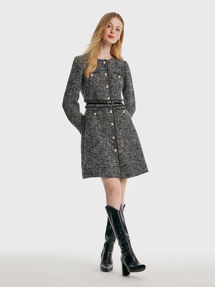 Round Neck Tweed Dress With Belt – GOELIA