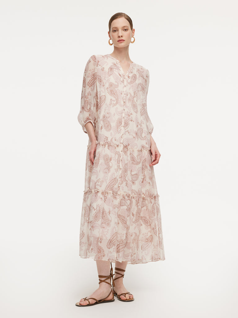 10MM Mulberry Silk Paisley Print Women Maxi Dress With Two Self-Tie Be ...