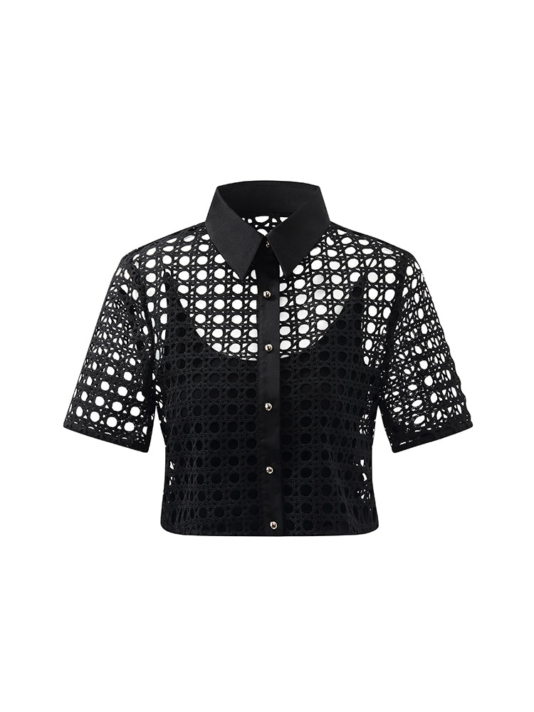 Lace Openwork Crop Jacket And Half Skirt And Knitted Camisole Three-Pi ...