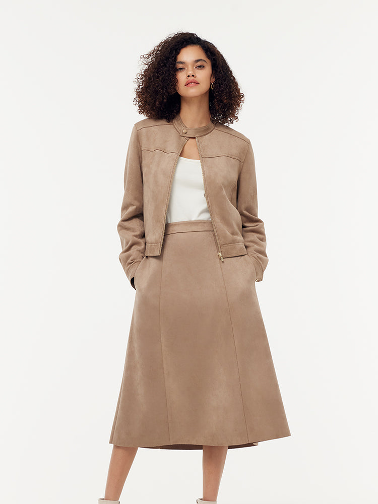 Faux Suede Zip-Up Crop Jacket And Midi Skirt Two-Piece Set – GOELIA