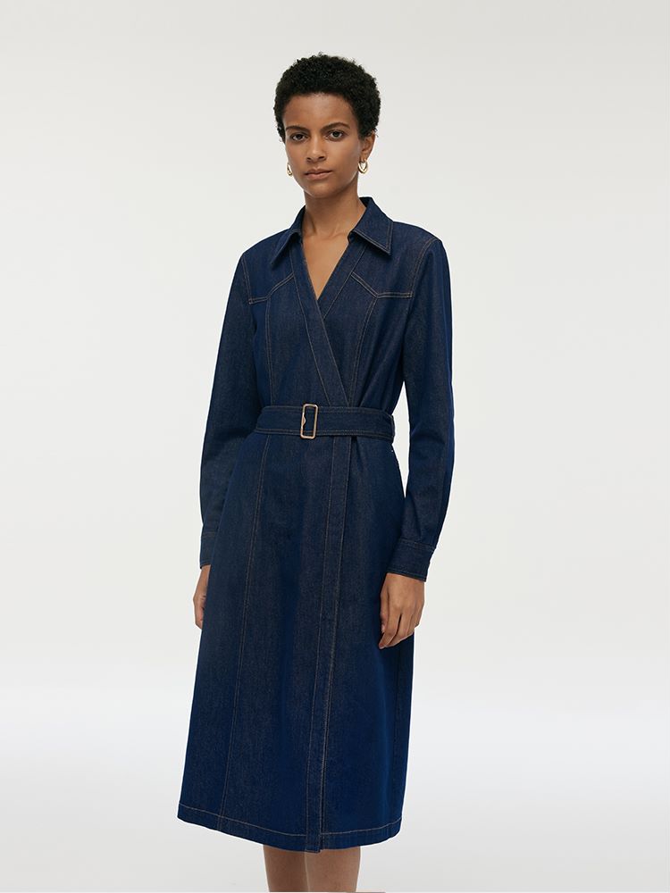 Denim Lapel Women Midi Dress With Belt – GOELIA