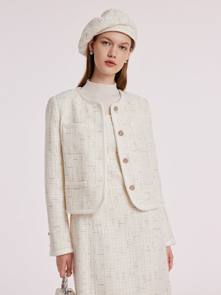 White Knitted Tweed Crop Jacket – GOELIA