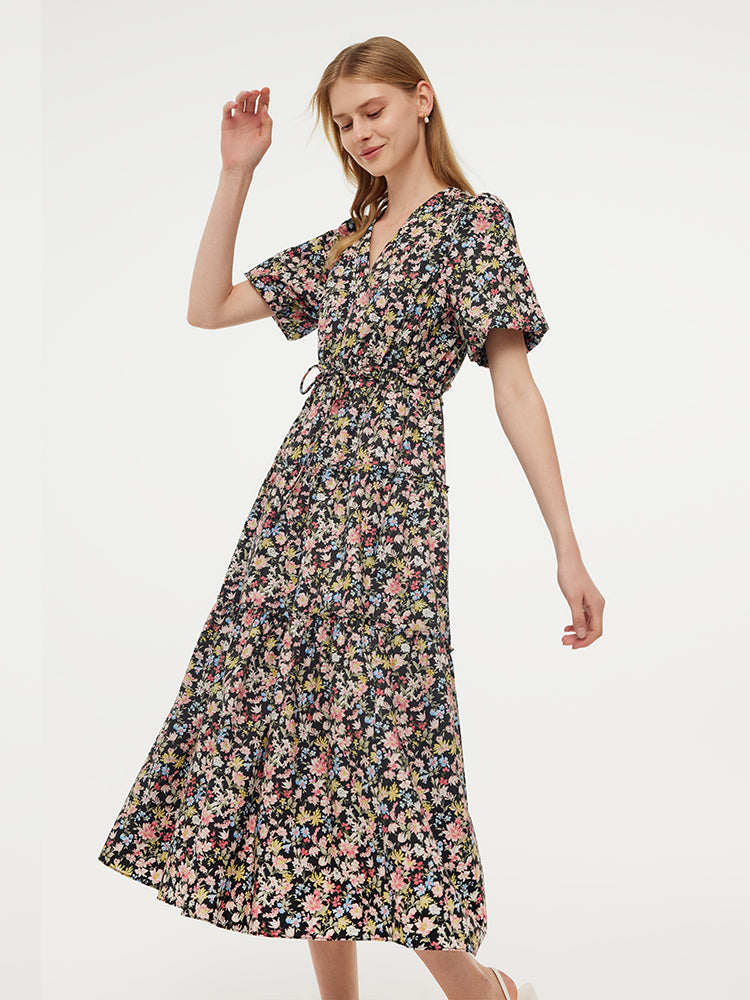 Cotton Puff Sleeve Drawstring Waist Floral Print Women Midi Dress – GOELIA