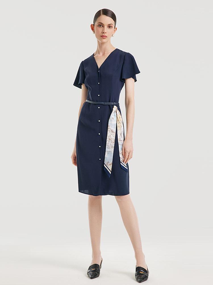 Triacetate Dress With Belt And Silk Scarf – GOELIA