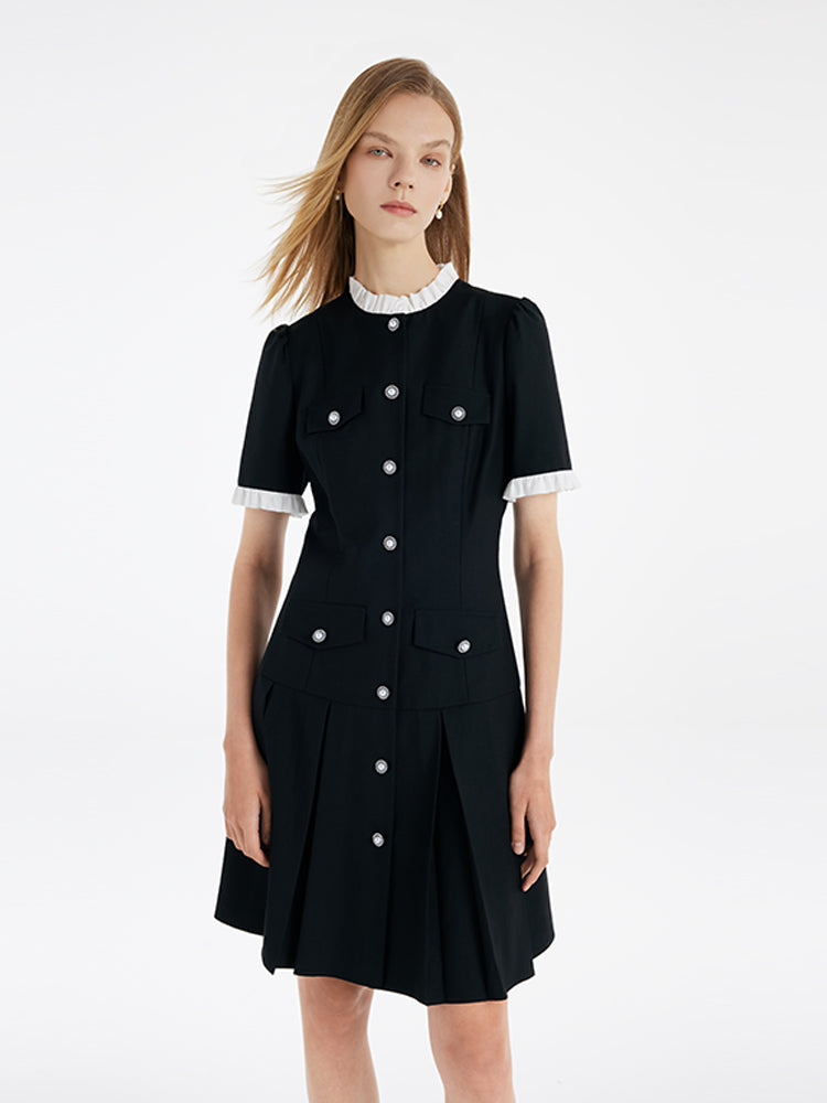 Ruffle Trim Pearl Buttons Women Mini Dress – GOELIA