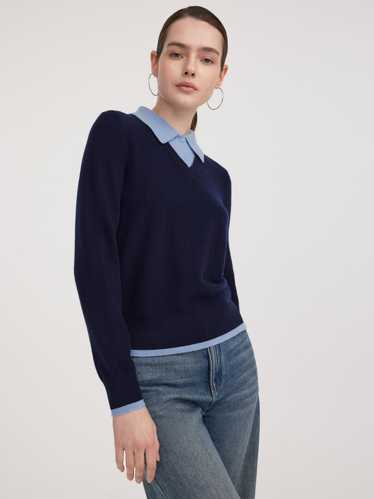 [Preview] 100% Wool Color Block Faux Two-Piece Women Sweater – GOELIA