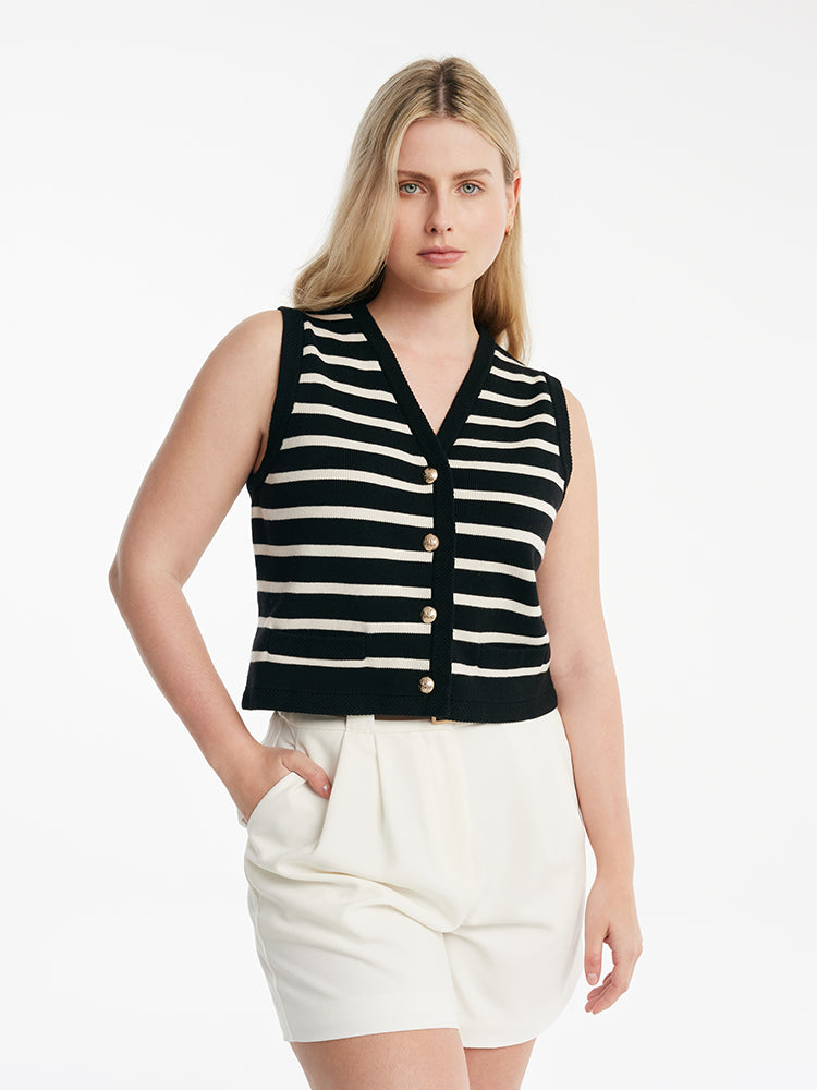 Knit Striped V-Neck Vest Cardigan – GOELIA