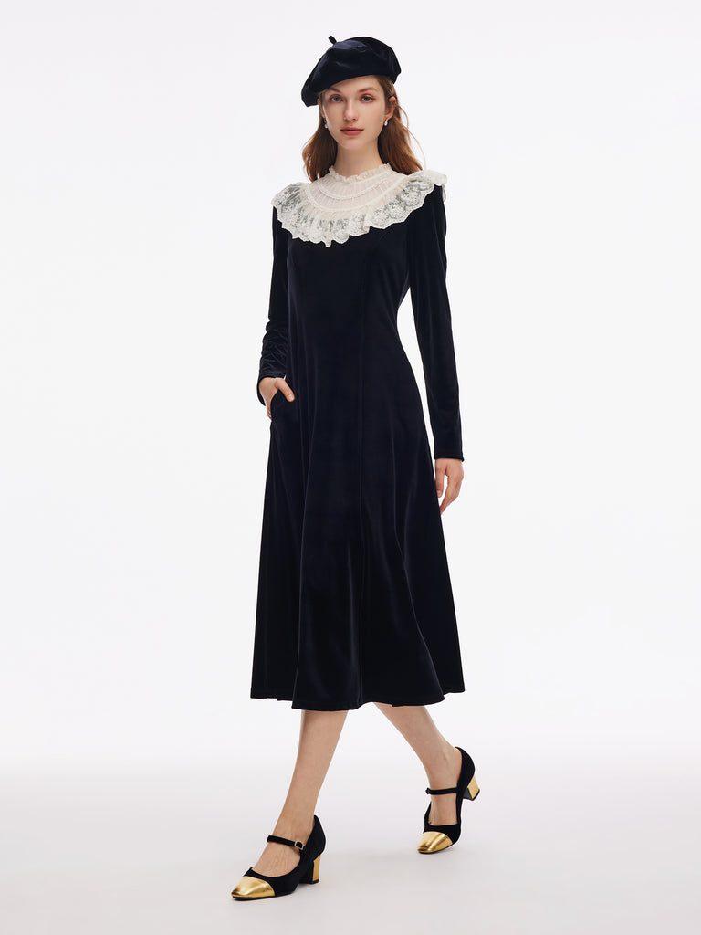 Velvet Sheer Lace Collar Women Midi Dress With Beret – GOELIA