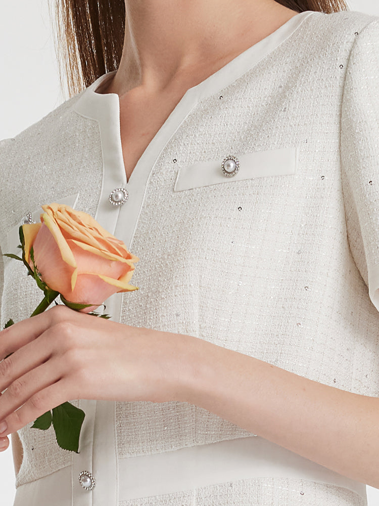 Gathered Waist Single-Breasted Sequins Tweed Mini Dress With Patch Poc ...