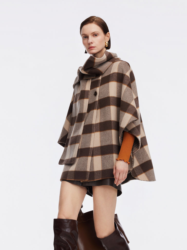 Cashmere Wool Plaid Double-Faced Reversible Women Cape Coat With Scarf ...