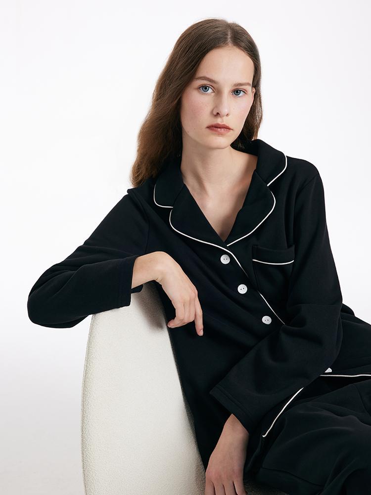 Black Long Sleeves And Pants Lapel Pajamas Two-Piece Set – GOELIA