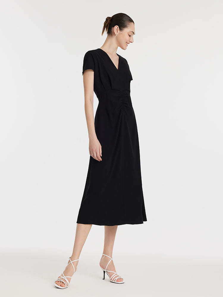 Triacetate V-Neck Ruched Women Midi Dress – GOELIA