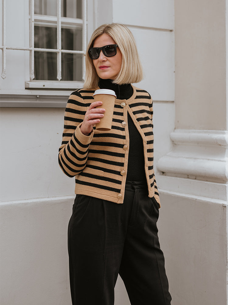 Button Up Woolen Striped Lady Cardigan – GOELIA