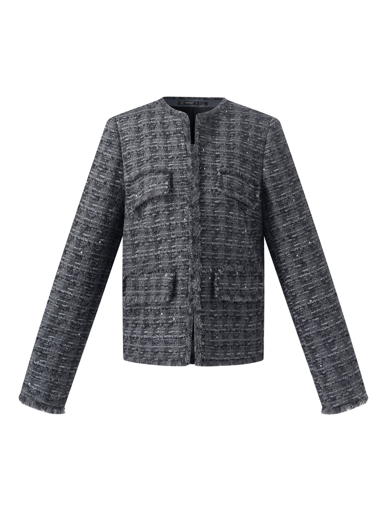 Wool Blend Sequins Tweed Women Frayed Edge Crop Jacket – GOELIA