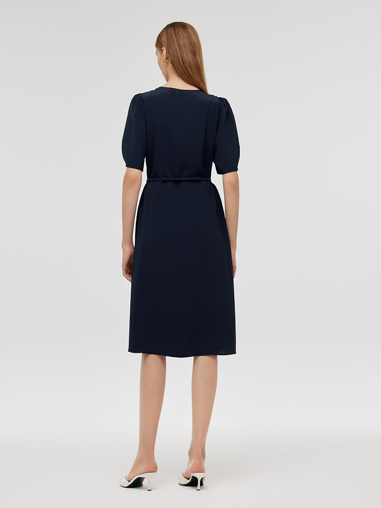 Triacetate Cut-Out Neck Women Midi Dress With Belt – GOELIA
