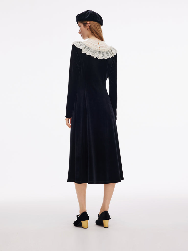 Velvet Sheer Lace Collar Women Midi Dress With Beret – GOELIA