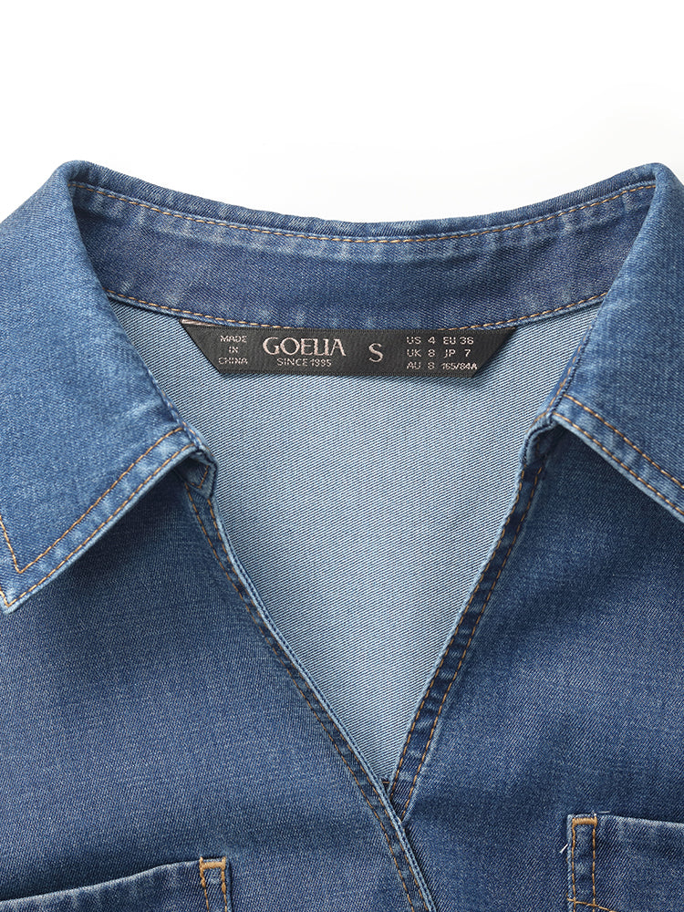 Denim V-Neck Slit Lapel Women Maxi Dress – GOELIA