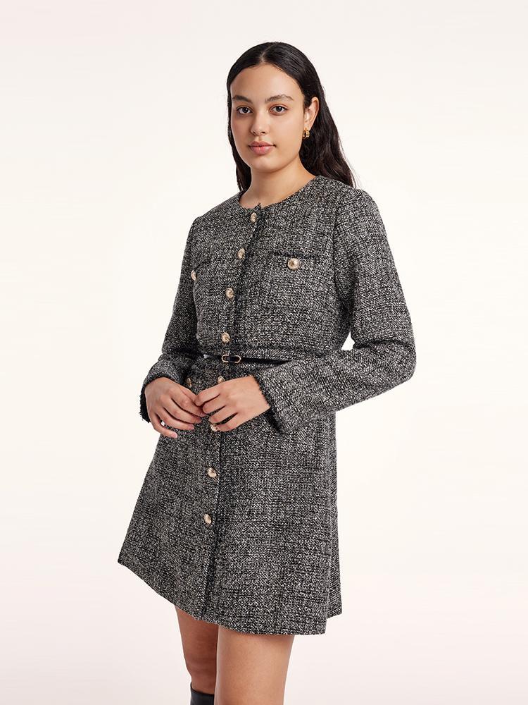 Round Neck Tweed Dress With Belt – GOELIA