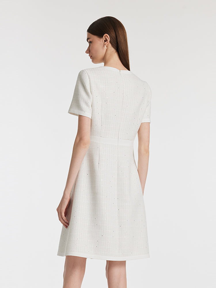 Gathered Waist Single-Breasted Sequins Tweed Mini Dress With Patch Poc ...