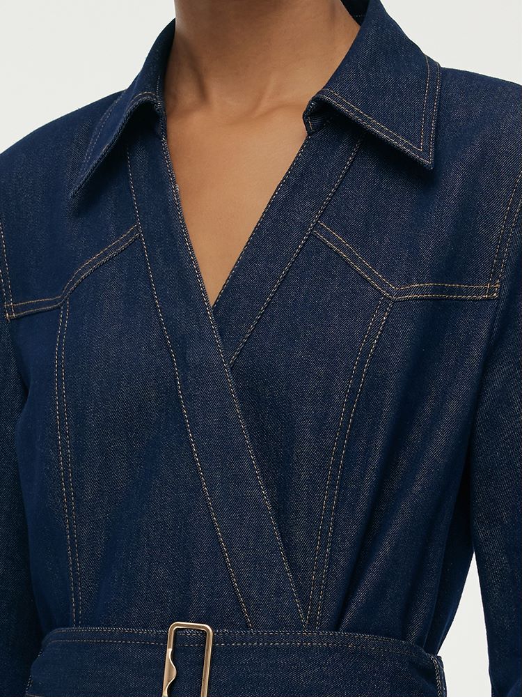 Denim Lapel Women Midi Dress With Belt – GOELIA