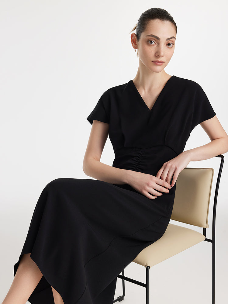 Triacetate V-Neck Ruched Women Midi Dress – GOELIA