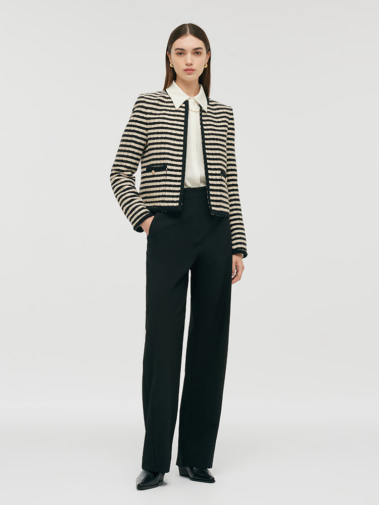 Wool Blend Black And White Stripe Tweed Women Crop Jacket – GOELIA