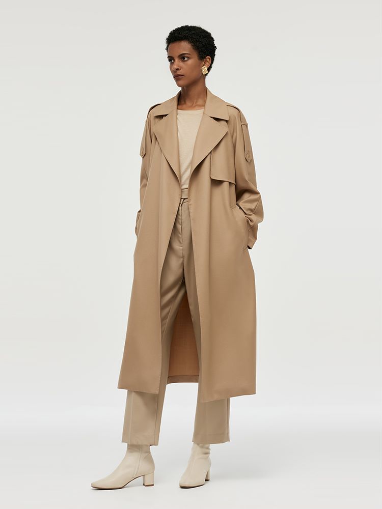 Worsted Wool Lapel Women Trench Coat With Belt – GOELIA