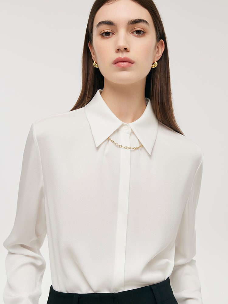 Acetate White Lapel Women Shirt With Detachable Chain – GOELIA