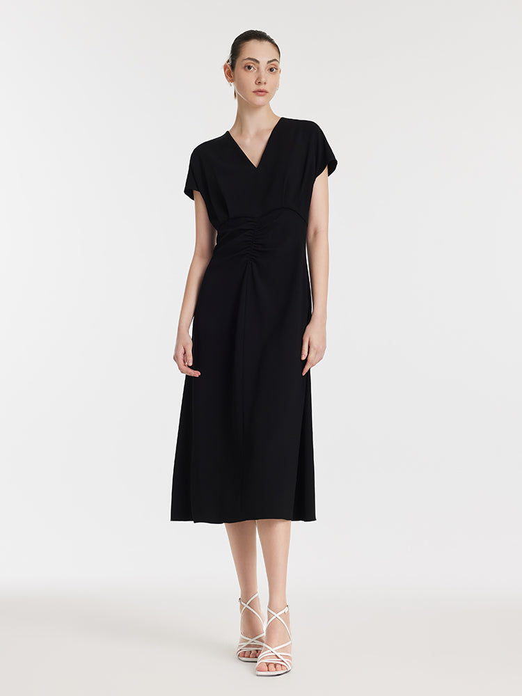 Triacetate V-Neck Ruched Women Midi Dress – GOELIA