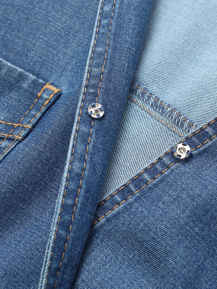 Denim V-Neck Slit Lapel Women Maxi Dress – GOELIA