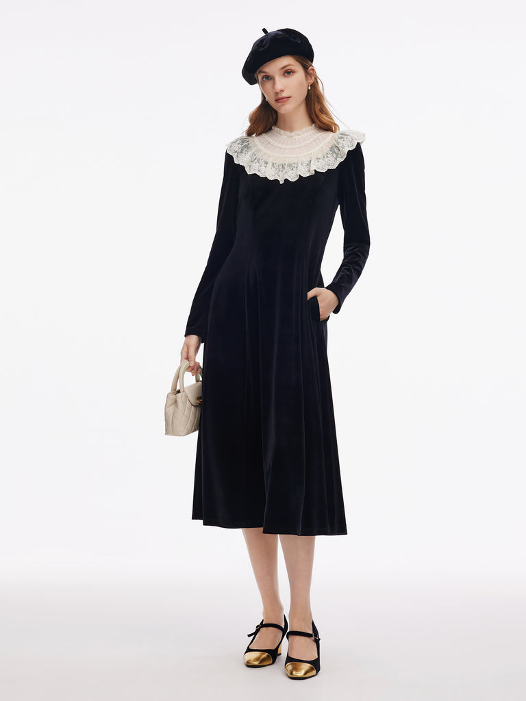 Velvet Sheer Lace Collar Women Midi Dress With Beret – GOELIA