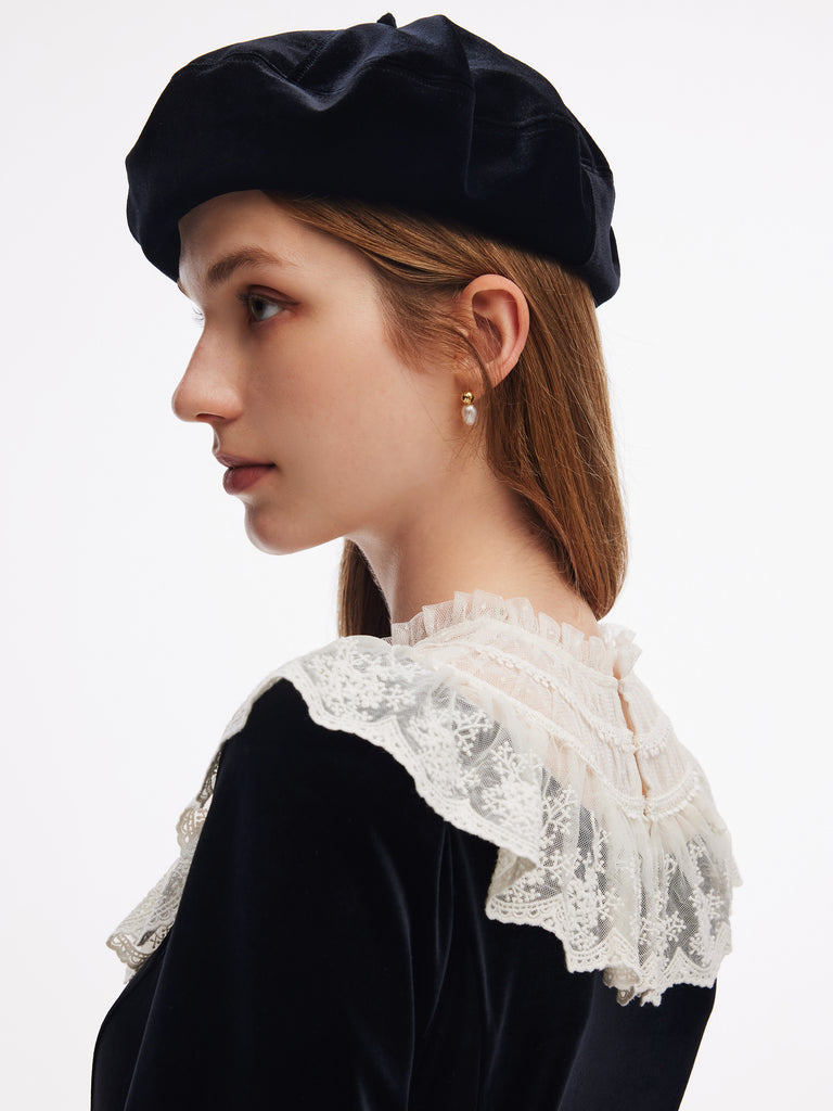 Velvet Sheer Lace Collar Women Midi Dress With Beret – GOELIA