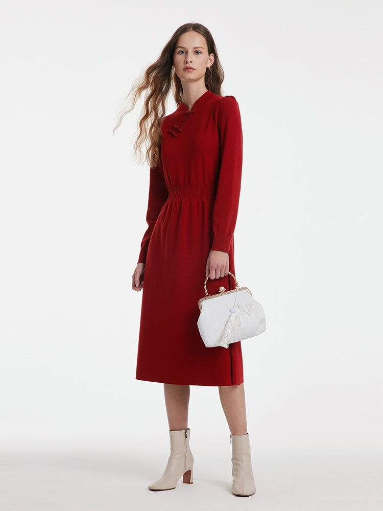 Tencel Wool Cheongsam Button Gathered Waist Women Qipao Dress – GOELIA