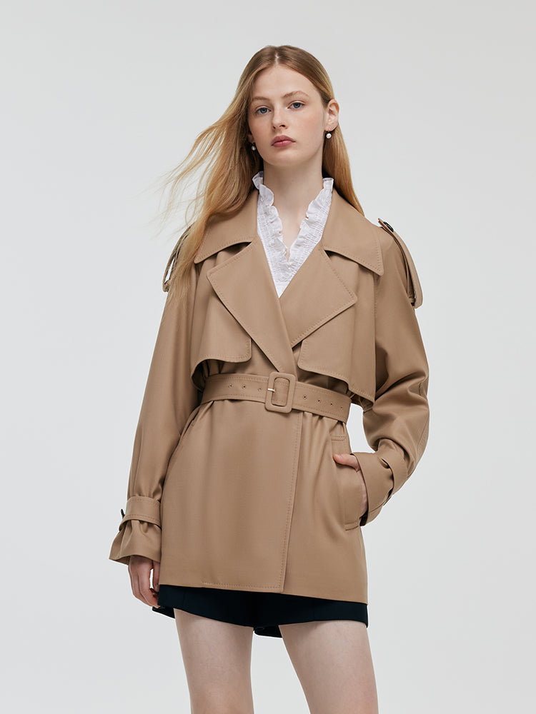 Worsted Wool Women Cropped Trench Coat With Belt – GOELIA