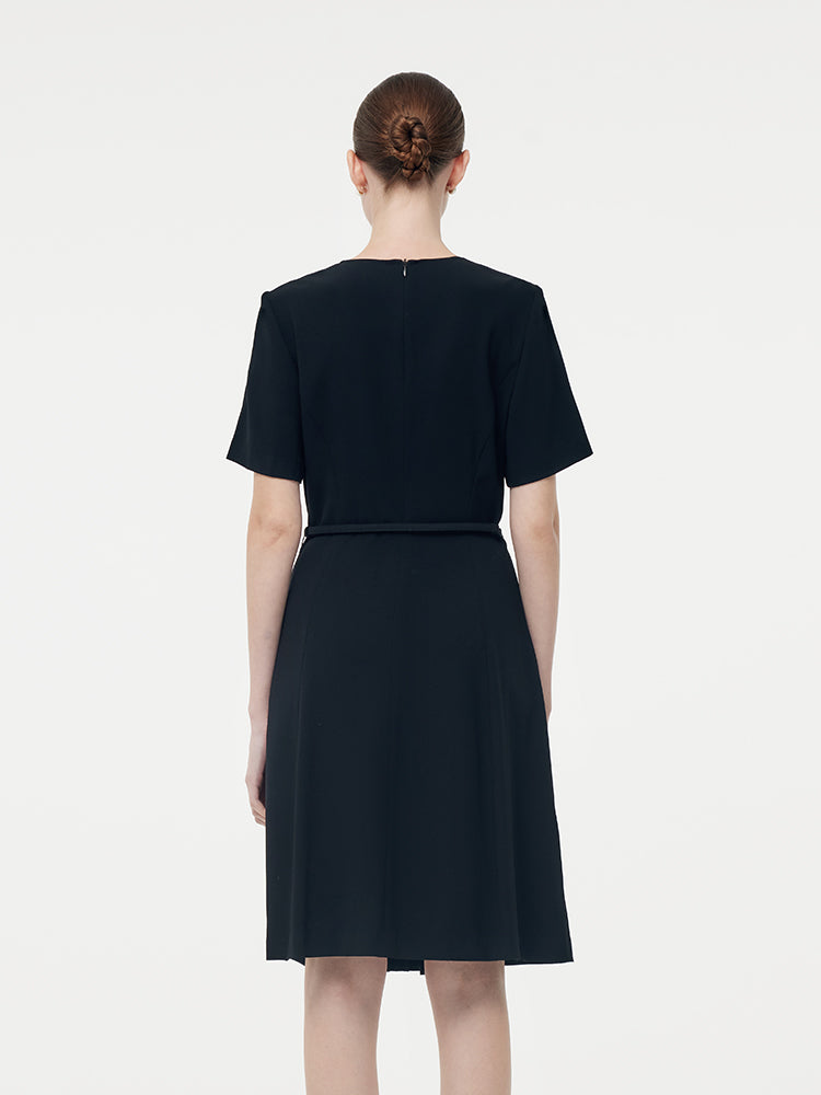 Triacetate Pleat Front Women Midi Dress With Belt And Scrunchie – GOELIA