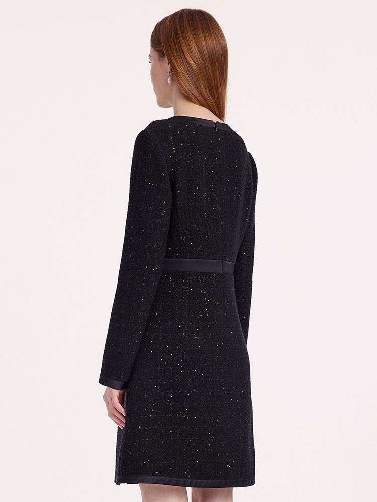 Black Sequins Notched Round Collar Wool Tweed Dress – GOELIA