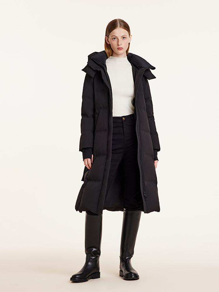 Hooded Gathered Waist Long Goose Down Garment With Belt – GOELIA