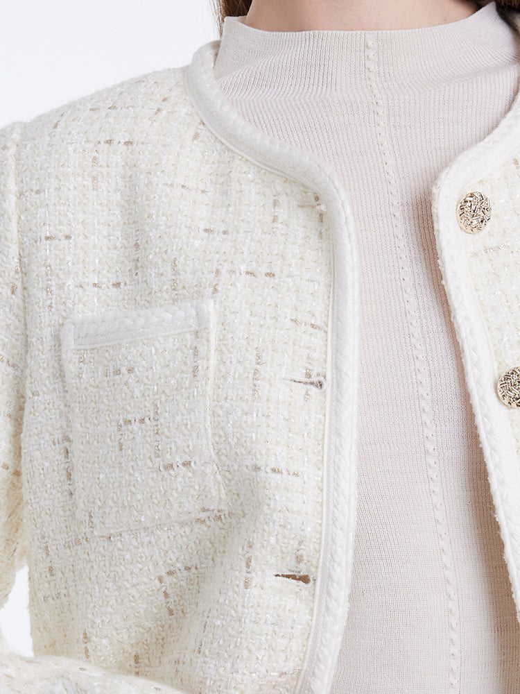 White Knitted Tweed Crop Jacket – GOELIA