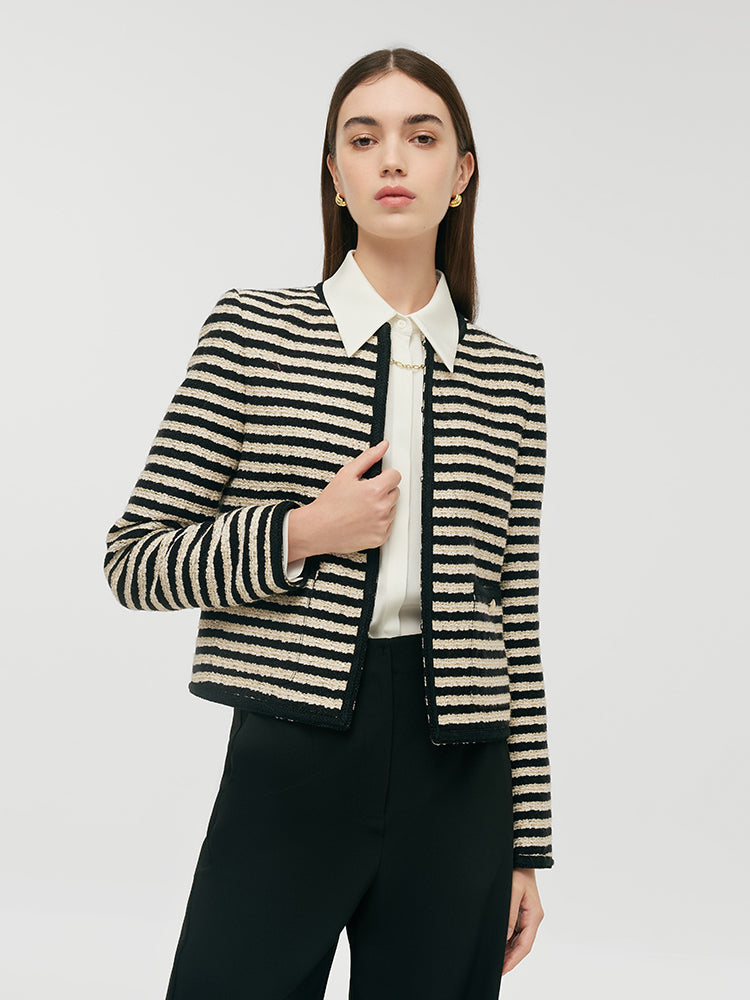 Wool Blend Black And White Stripe Tweed Women Crop Jacket – GOELIA