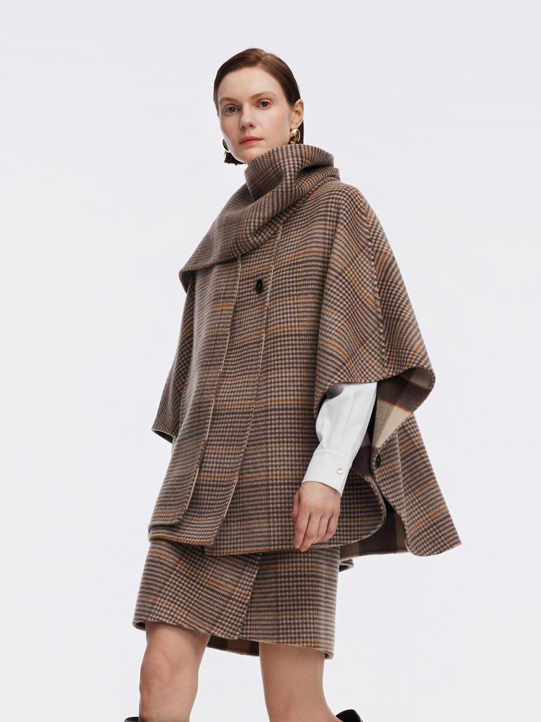 Cashmere Wool Plaid Double-Faced Reversible Women Cape Coat With Scarf ...