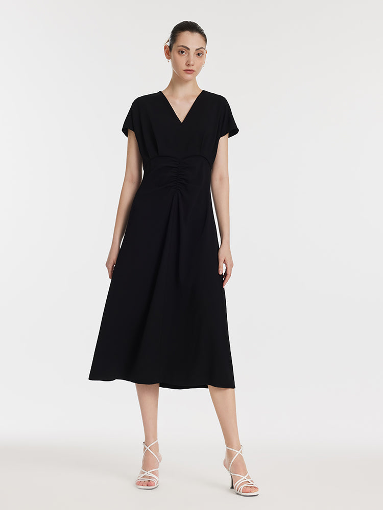 Triacetate V-Neck Ruched Women Midi Dress – GOELIA