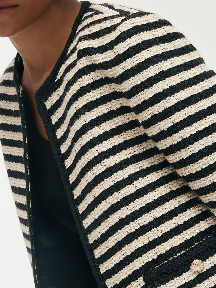Wool Blend Black And White Stripe Tweed Women Crop Jacket – GOELIA