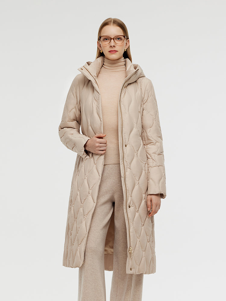 Gathered Waist Long Goose Down Coat With Belt – GOELIA