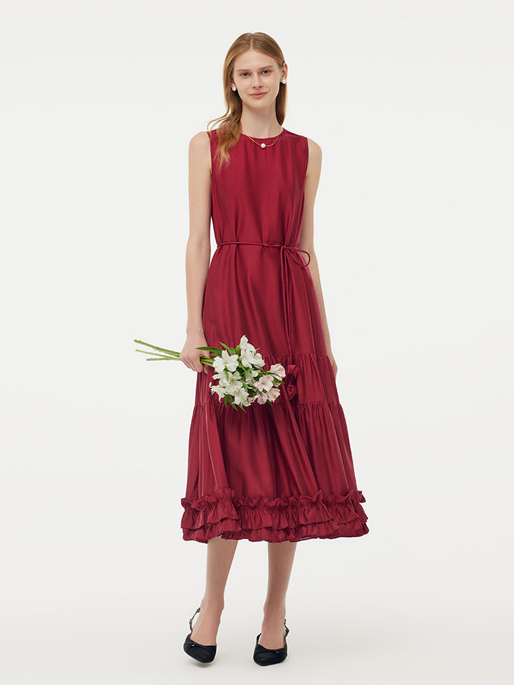 Tencel Ruffle Hem Women Tiered Vest Midi Dress With Slip Dress And Bel ...