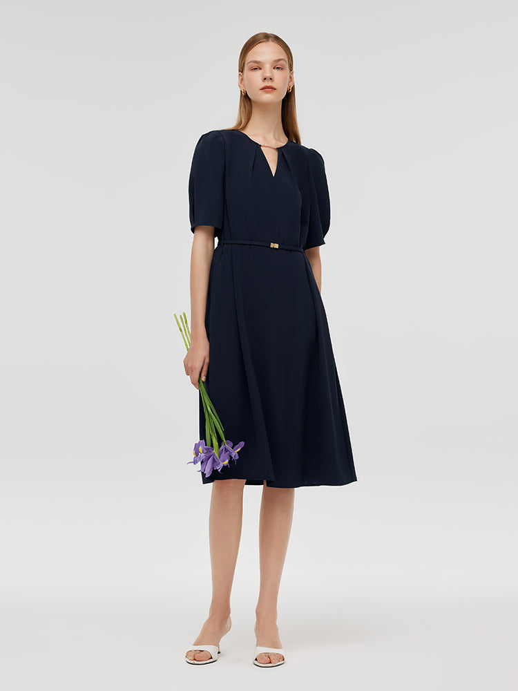Triacetate Cut-Out Neck Women Midi Dress With Belt – GOELIA