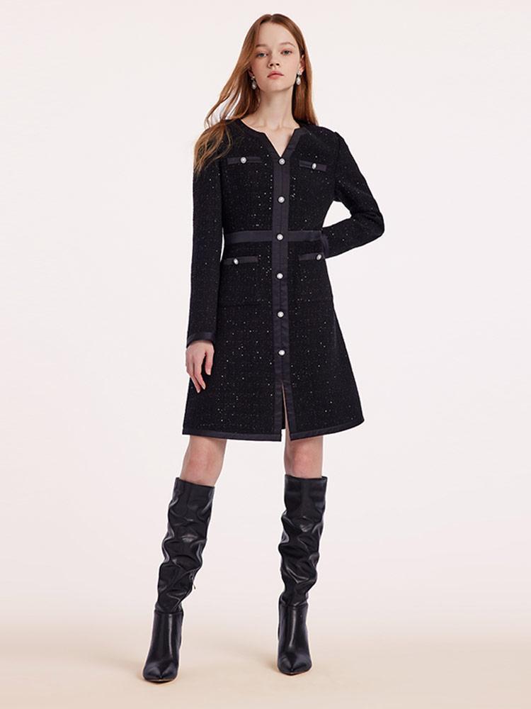 Black Sequins Notched Round Collar Wool Tweed Dress – GOELIA